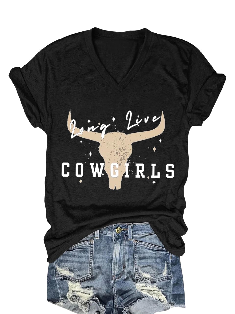 Retro Steer Skull Shirts Women V-Neck Western Cowgirl Graphic Tees ...