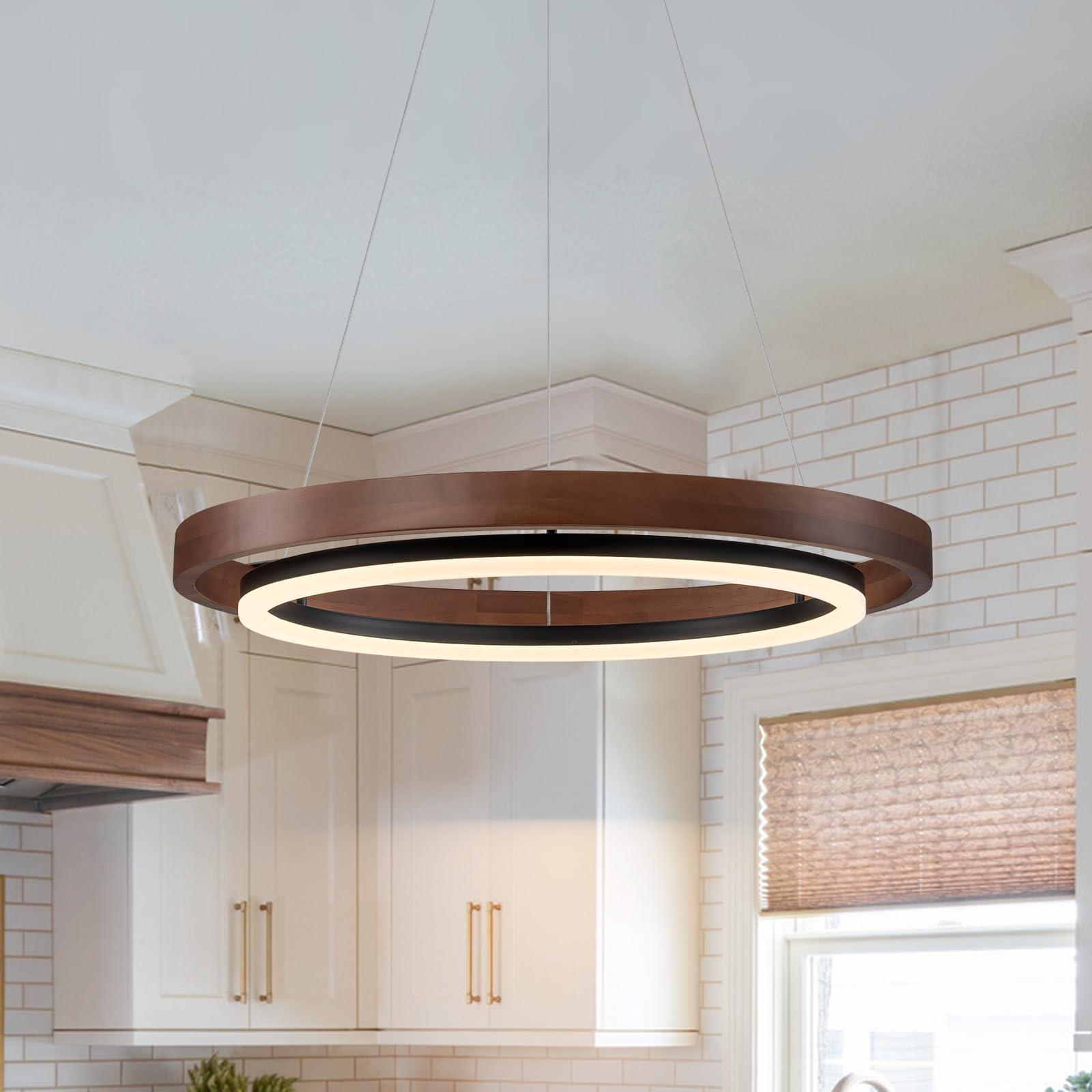 HUOKU Modern LED Wooden Chandelier, 24" Dimmable 1-Ring Round Farmhouse ...