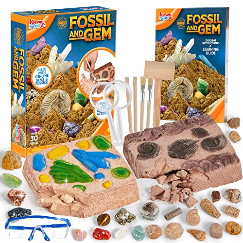 Fossil and Gemstone Dig Kit - 30+ Pcs Digging Kit for Kids Includes 24 ...