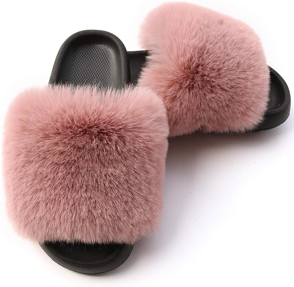FOLOBE Pantoufles en Fausse Fourrure pour Femmes Bout Ouvert Pantoufles ...