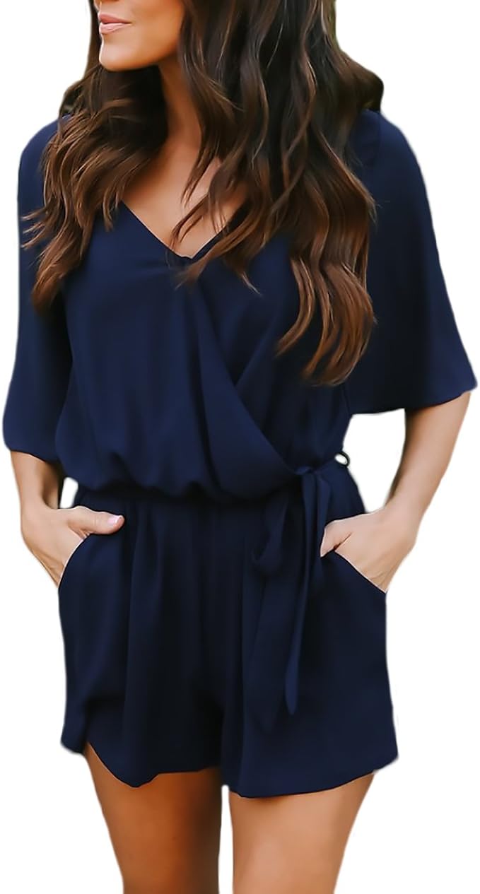 Mono Mujer Elegantes Corto Verano Gasa Monos Manga Corta V Cuello ...