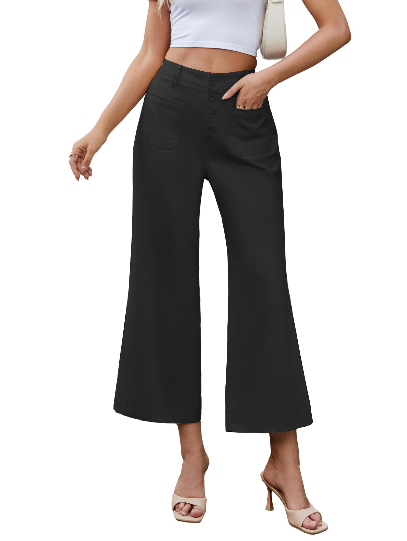 Famulily Black Capris for Women Wide Leg Cotton Jeans High Rise Pants ...
