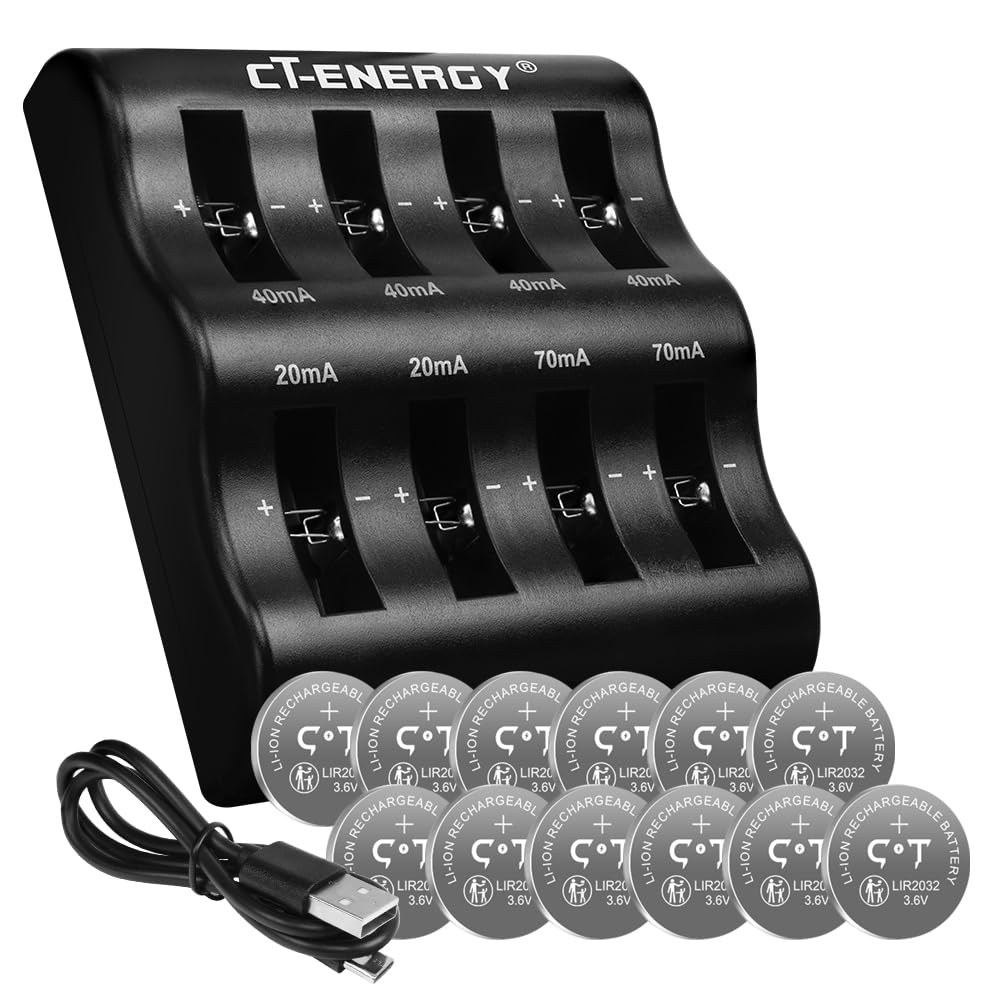CT-ENERGY Rechargeable 2032 Batteries 12 Pack with Coin Battery Charger ...