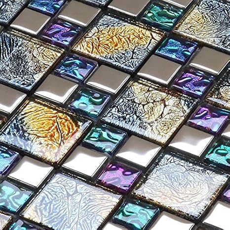 Hominter 6-Sheets Multi Colored Backsplash Tile, Silver Coated Glass ...
