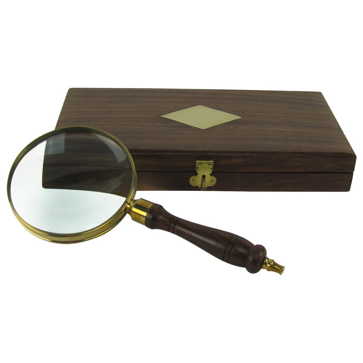 Antique Brass&Wood Turned Hand Lens Magnifying Glass w/ Desktop Box 5x ...
