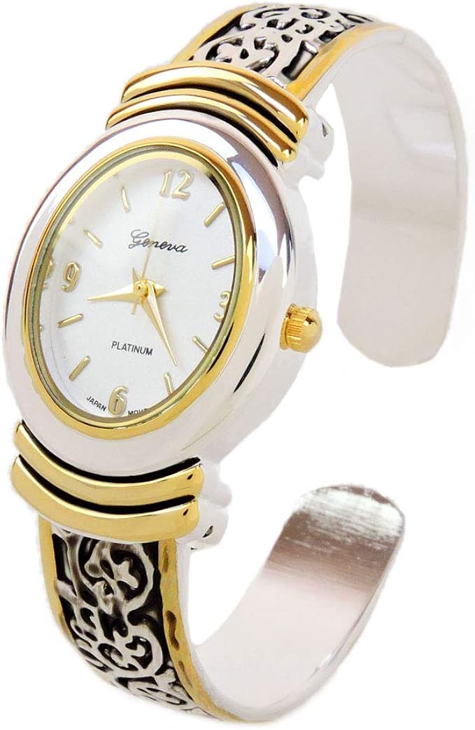 2Tone Western Style Decorated Oval Face Women's Bangle Cuff Watch ...