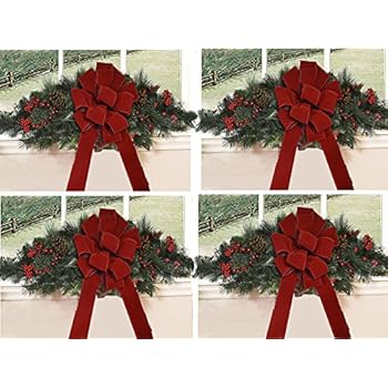 Amazon.com: Set of 2 Christmas Window Swags with 2 Red Velvet Bows ...