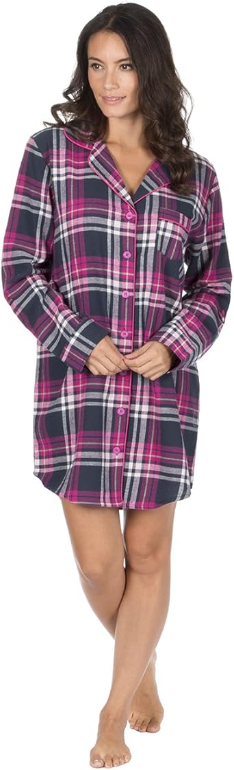 Forever Dreaming Womens Flannel Nightshirt - 100% Cotton Checked Button ...