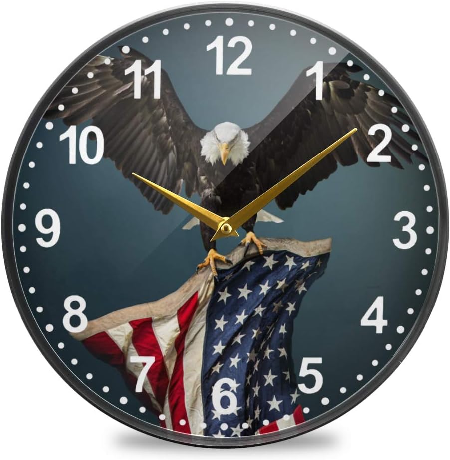 ALAZA USA Flag American Bald Eagle Wall Clock Battery Operated Silent ...
