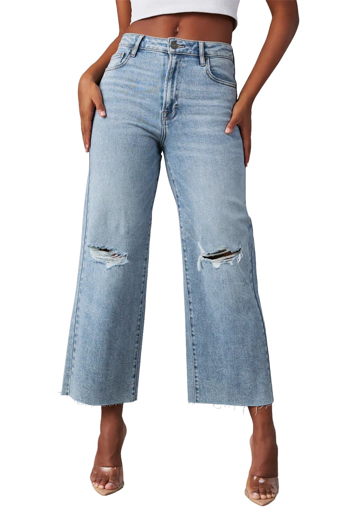 Allimy Women's High Rise Capris for Women Wide Leg Crop Jeans Baggy Y2K ...