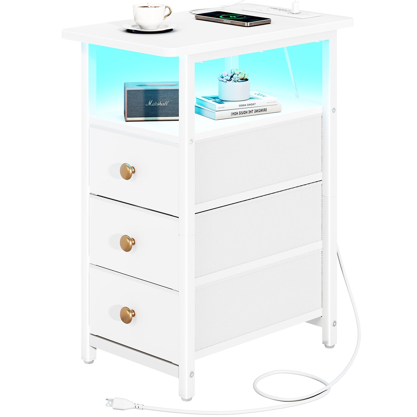 Yoobure End Table with Charging Station, LED Narrow Side Table Bedside ...