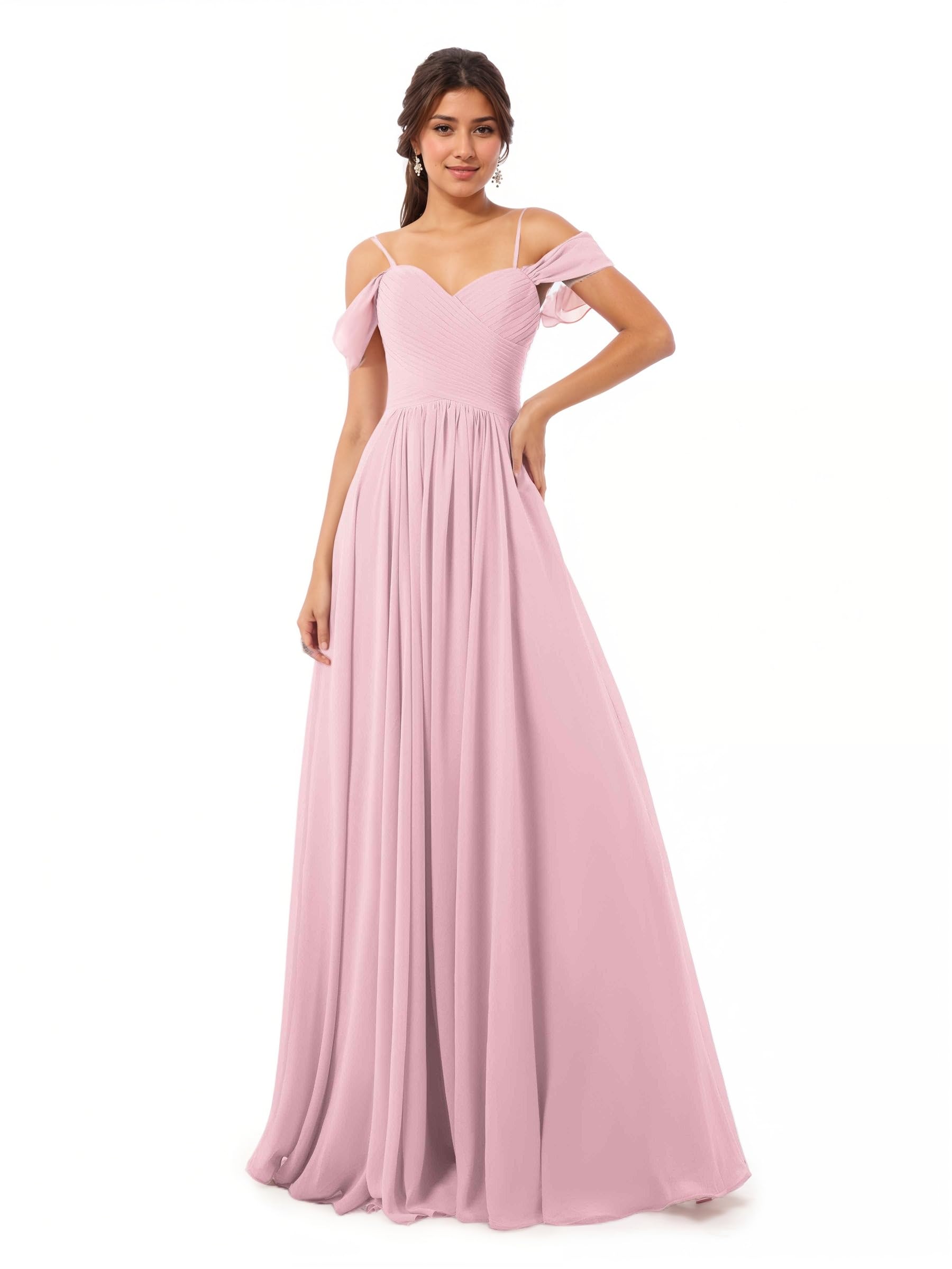 AZJINCOS Women A-Line Ruched Off-Shoulder Floor Length Chiffon Party ...