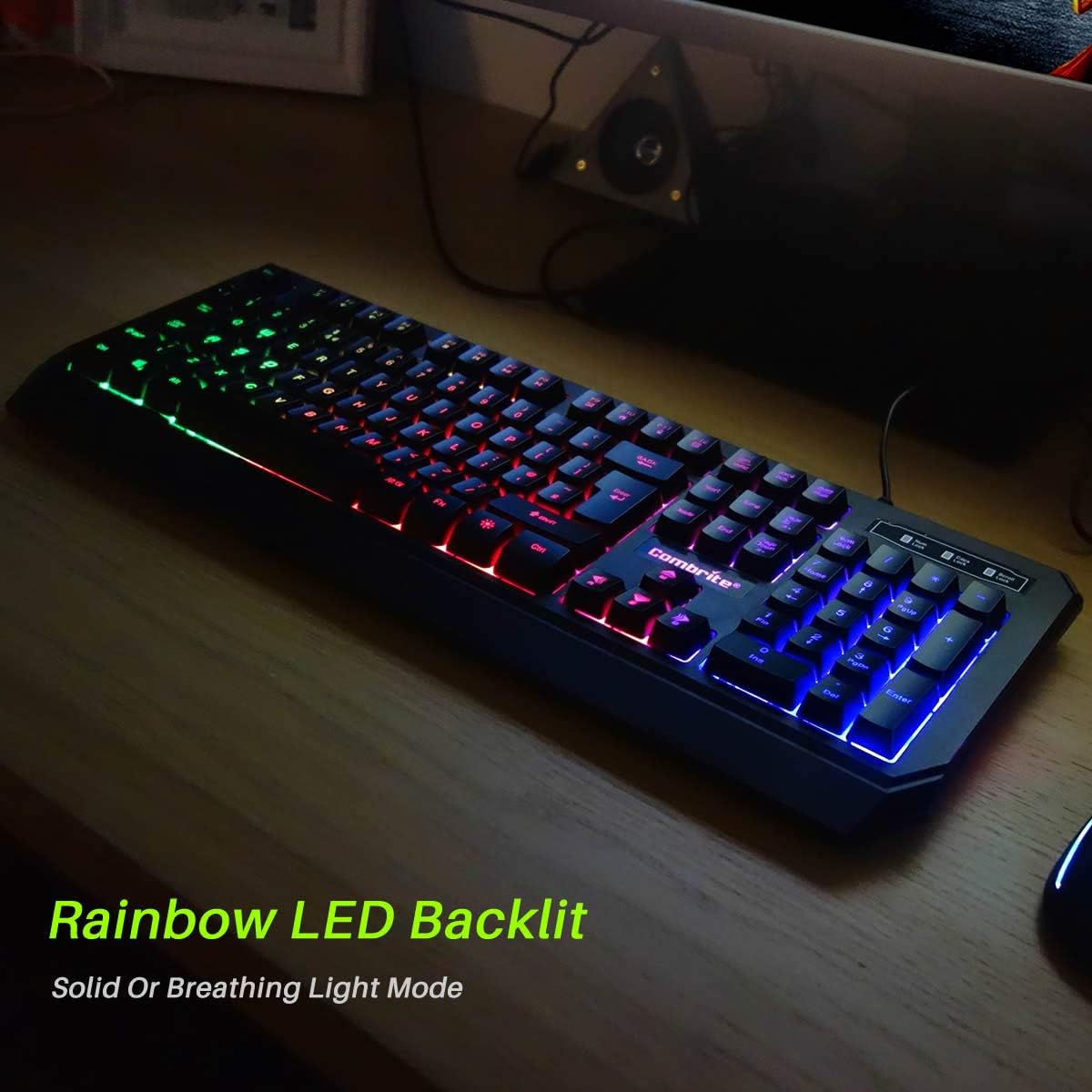 Combrite Gaming Keyboard Rainbow RGB LED Illuminated Keys, Backlit, USB ...