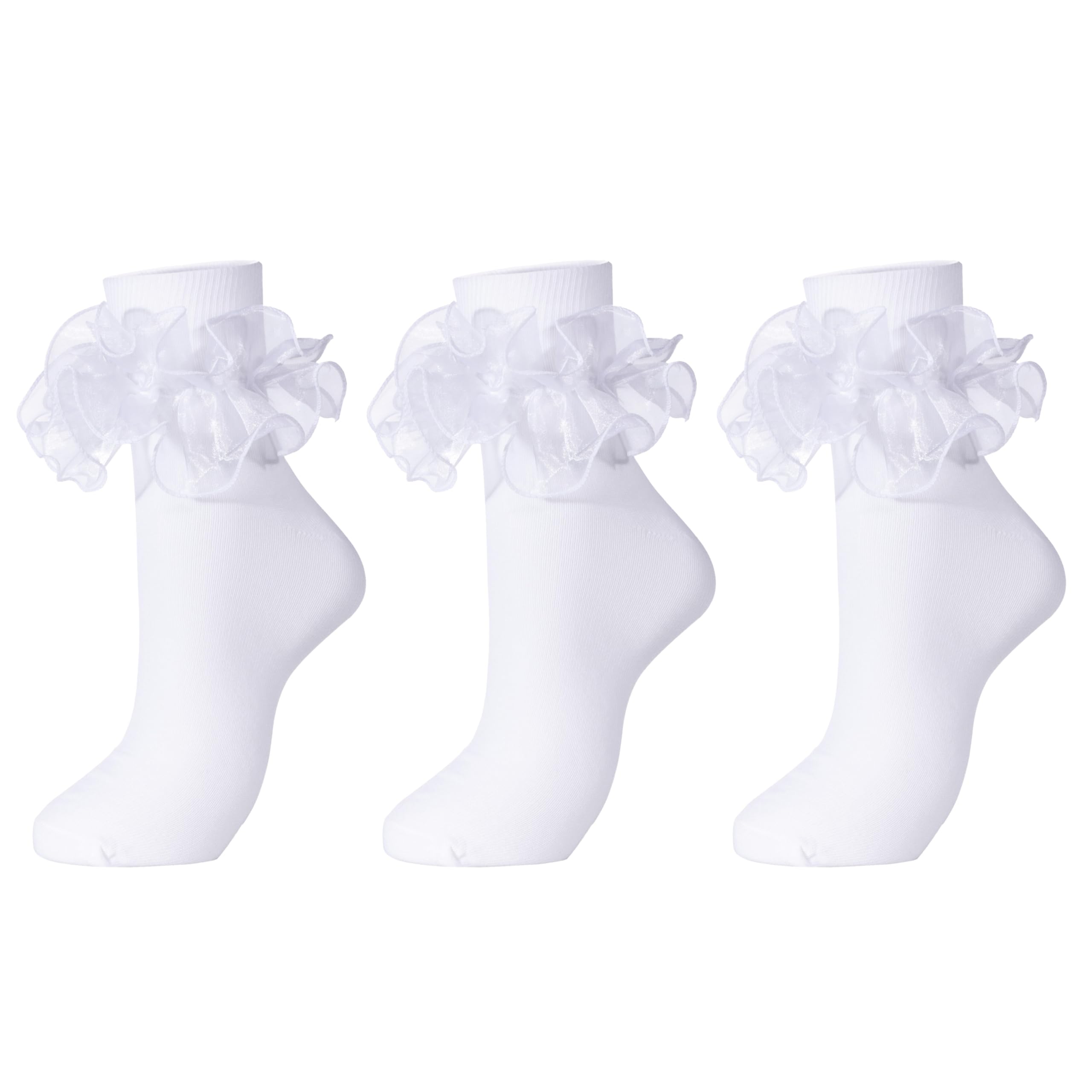 Dicry Women Big Ruffle Socks Double Lace Turn Cuff (White, 3 Pairs) for ...