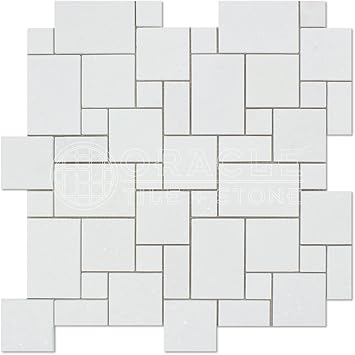 Thassos White Greek Marble Mini-Versailles Pattern Mosaic Tile, Honed ...