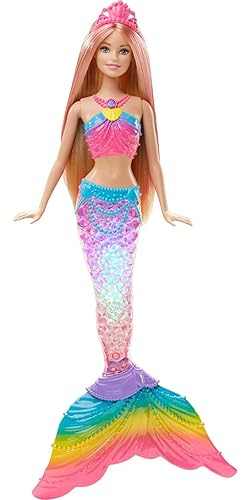 Barbie Dreamtopia Doll, Rainbow Lights Mermaid with Glimmering Light Up ...