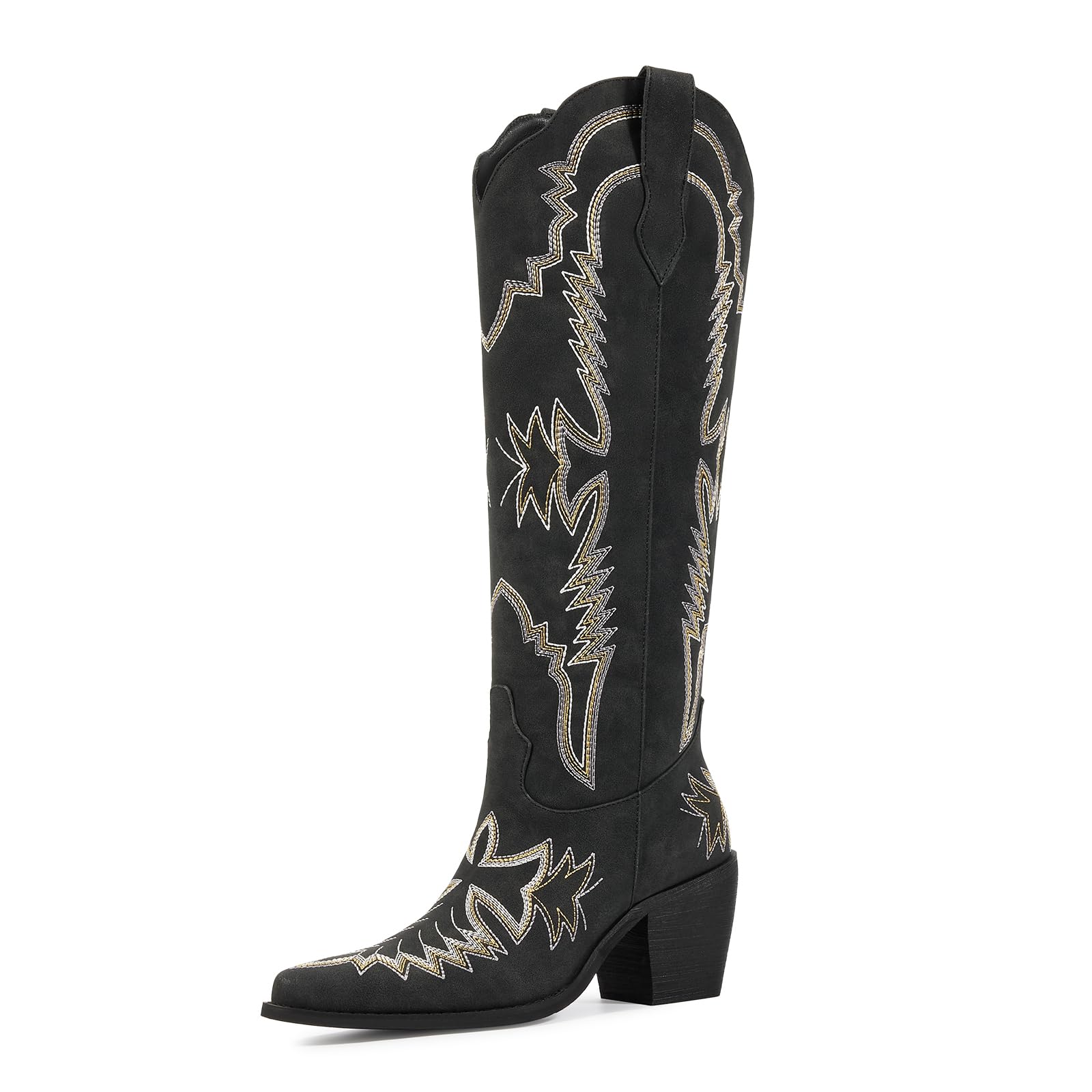 wetkiss Black Cowgirl Boots for Women Embroidered Knee High Cowboy ...
