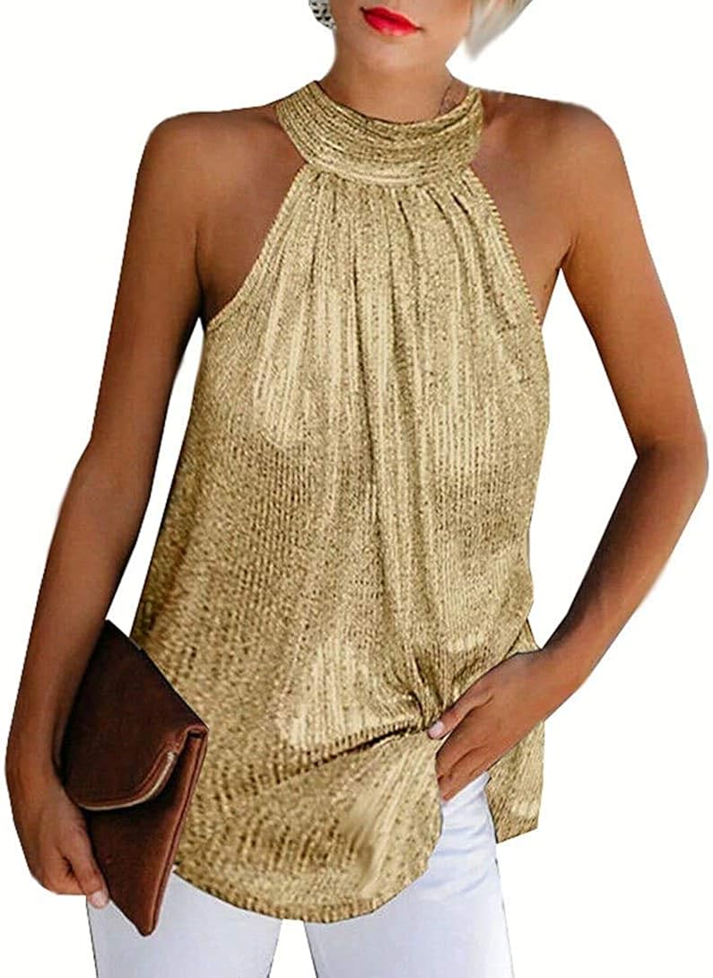 Bienwwow Damen Neckholder Tank Mock Neck Metallic Glänzend Tops ...