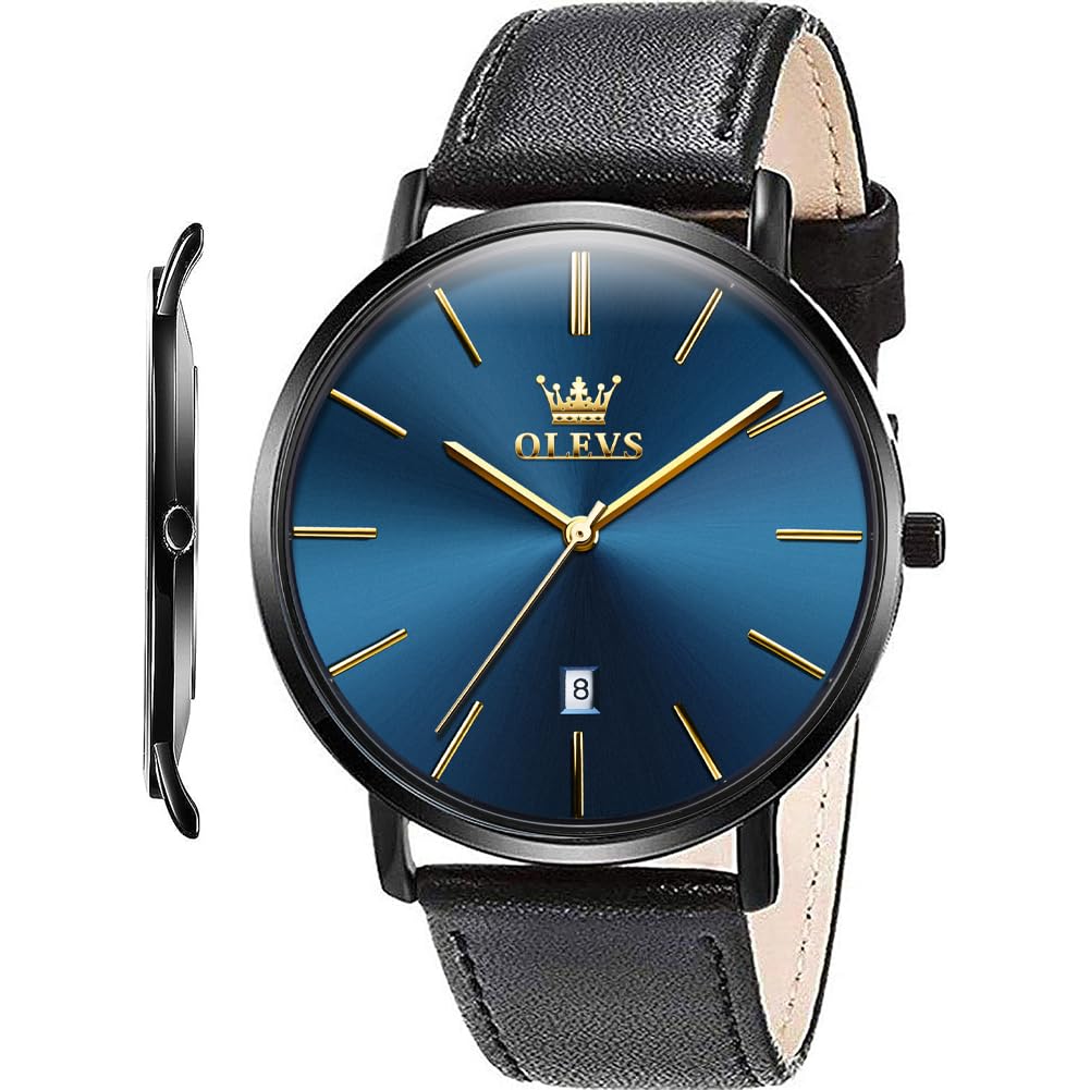 OLEVS Men's Ultra Thin Slim Big Face Date Leather Analog Wrist Watches ...
