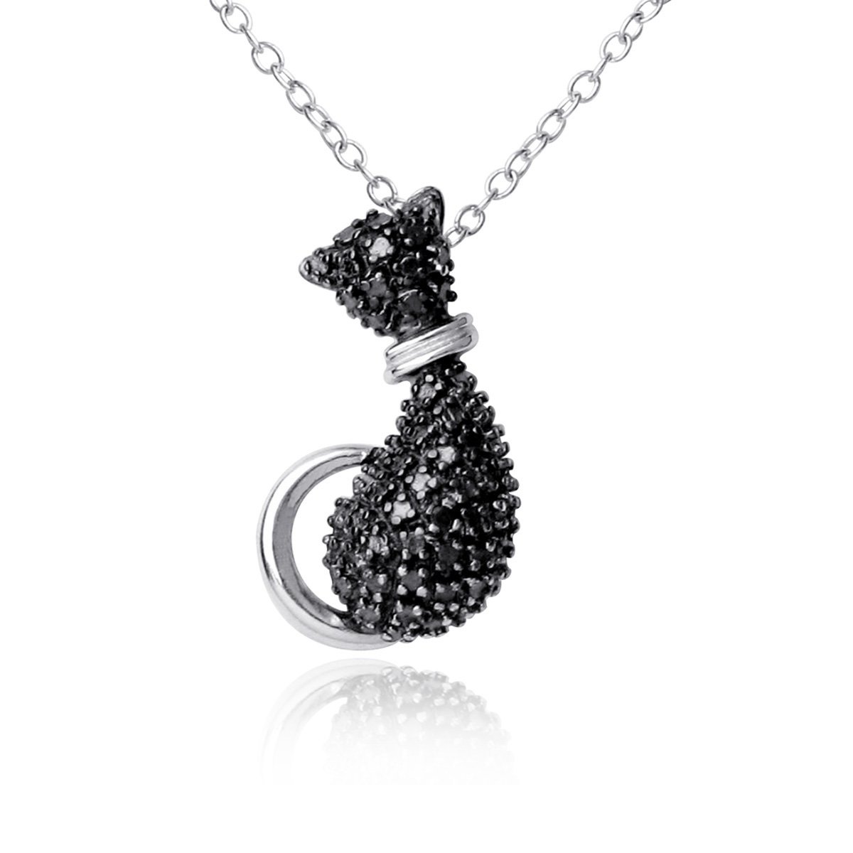 Amazon.com: Sterling Silver Genuine Black Diamond Cat Pendant Necklace ...