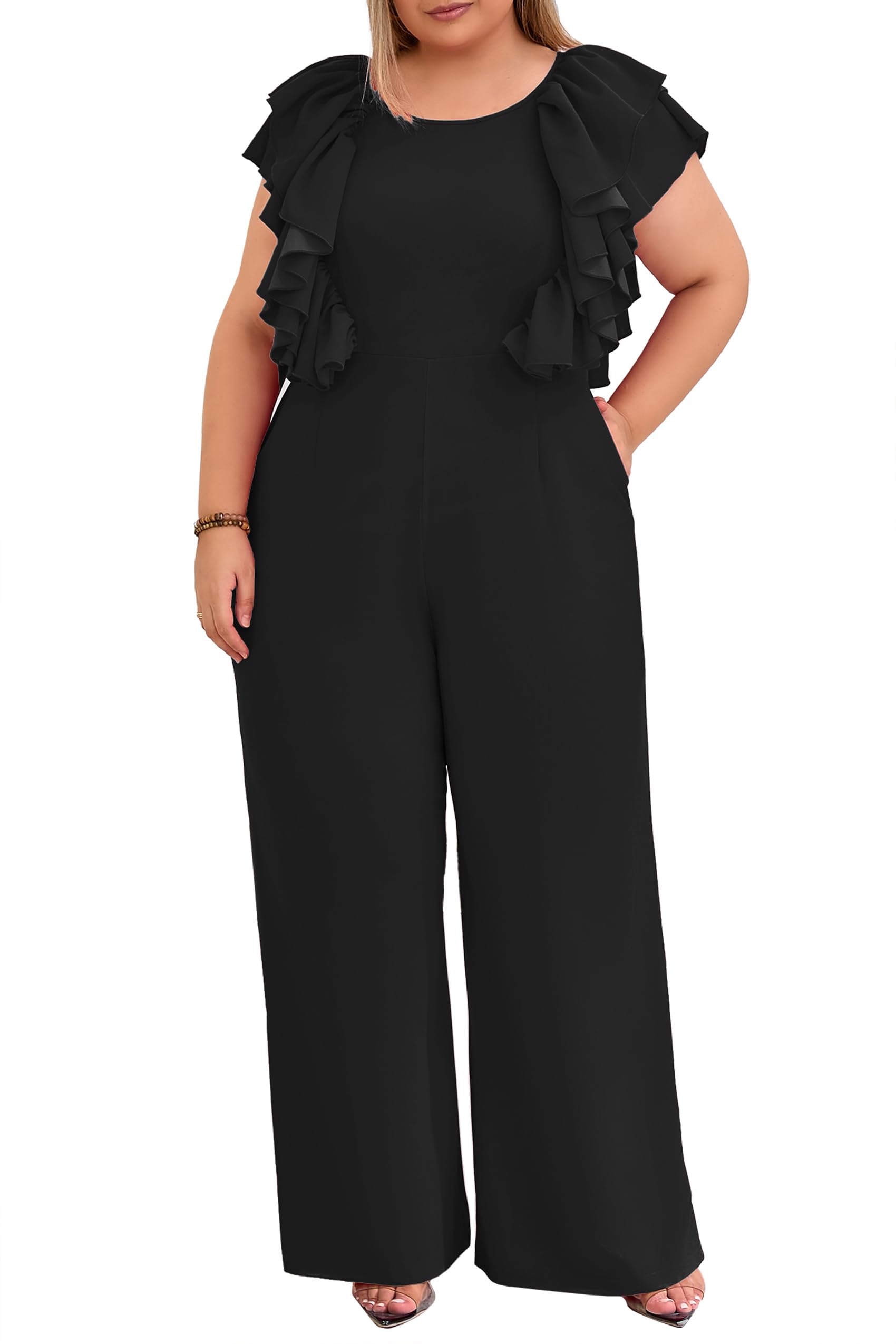 VERWIN Plus Size Ruffle Women's Jumpsuit Plain Full Length Romper ...