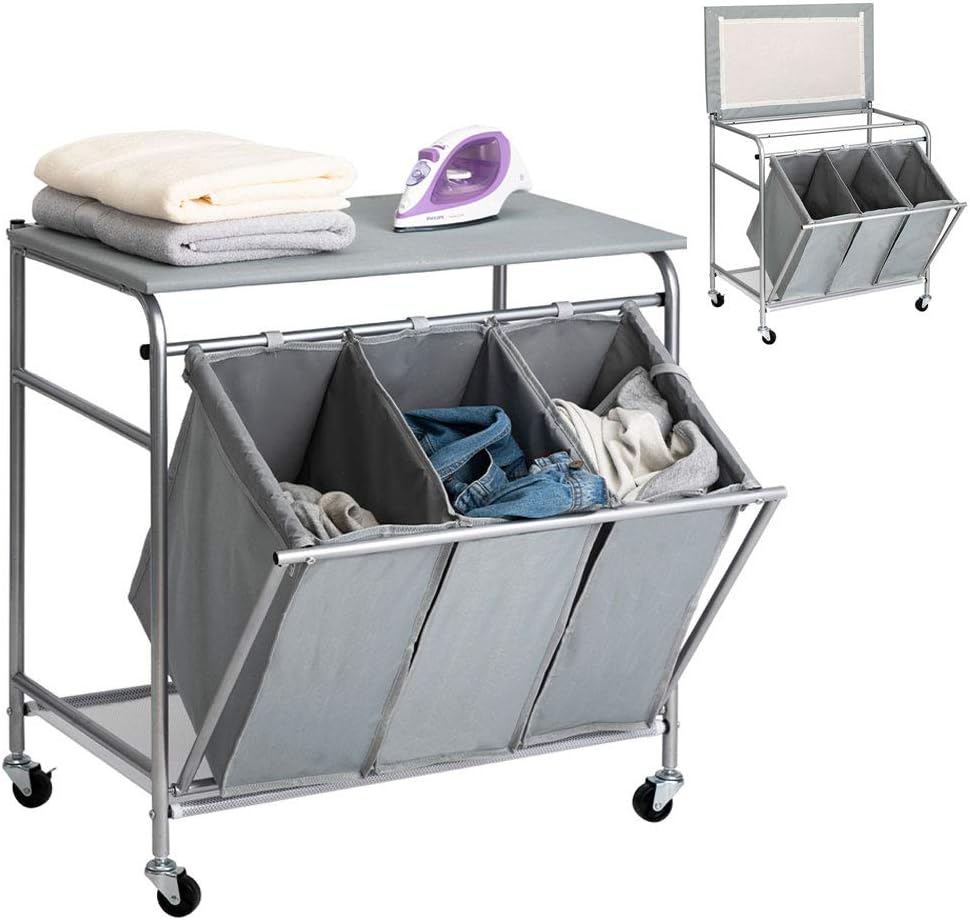 HollyHOME Laundry Sorter Cart Ironing Board with Side Pull 3-Bag Heavy ...