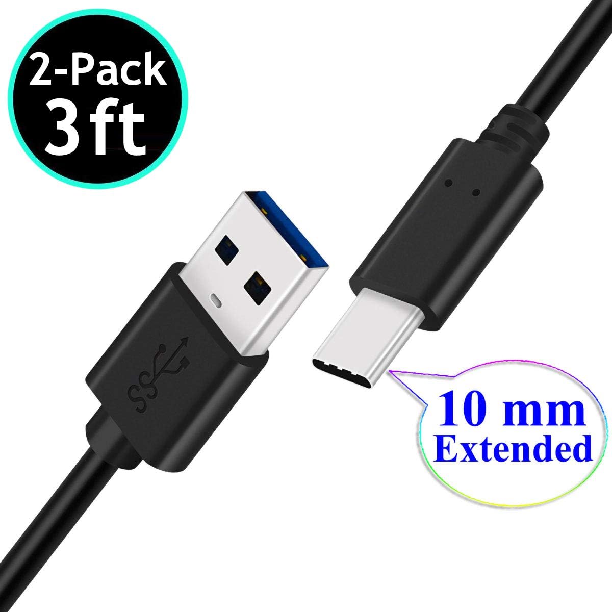 2-Pack 3FT 10mm Extended Long Tip USB-C Data Sync Fast Charger Cable ...