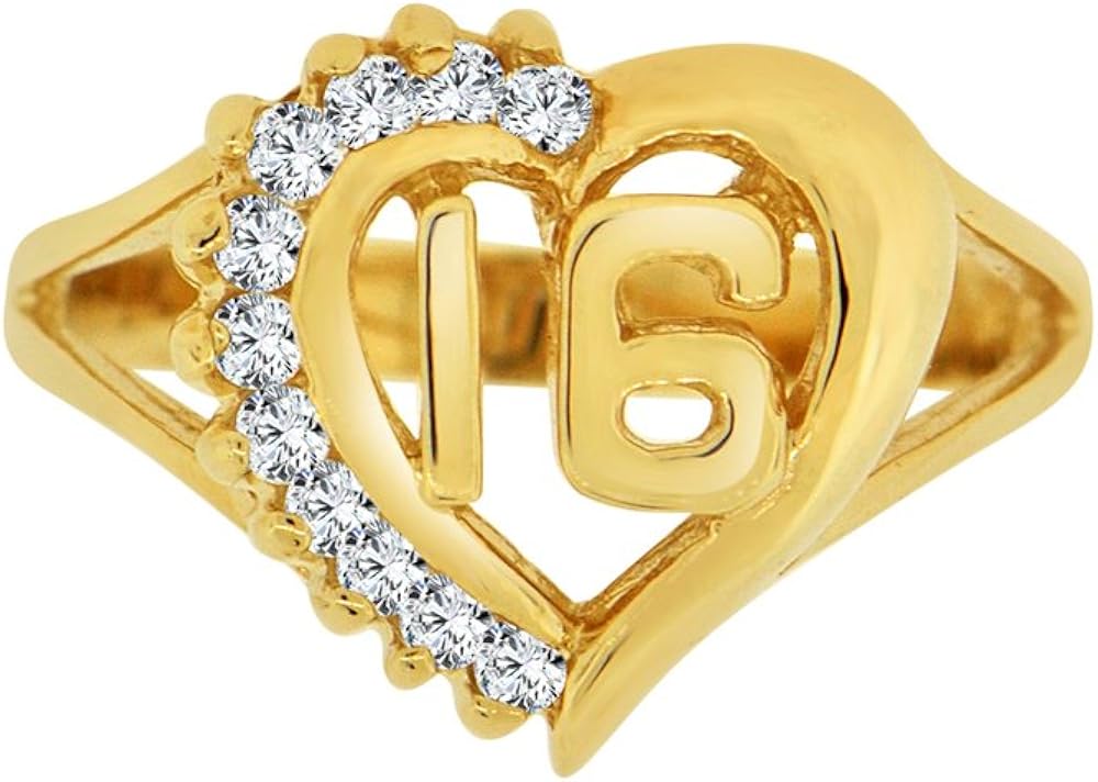 Amazon.com: 14k Yellow Gold, Heart Design Sweet 16 Ring Created CZ ...