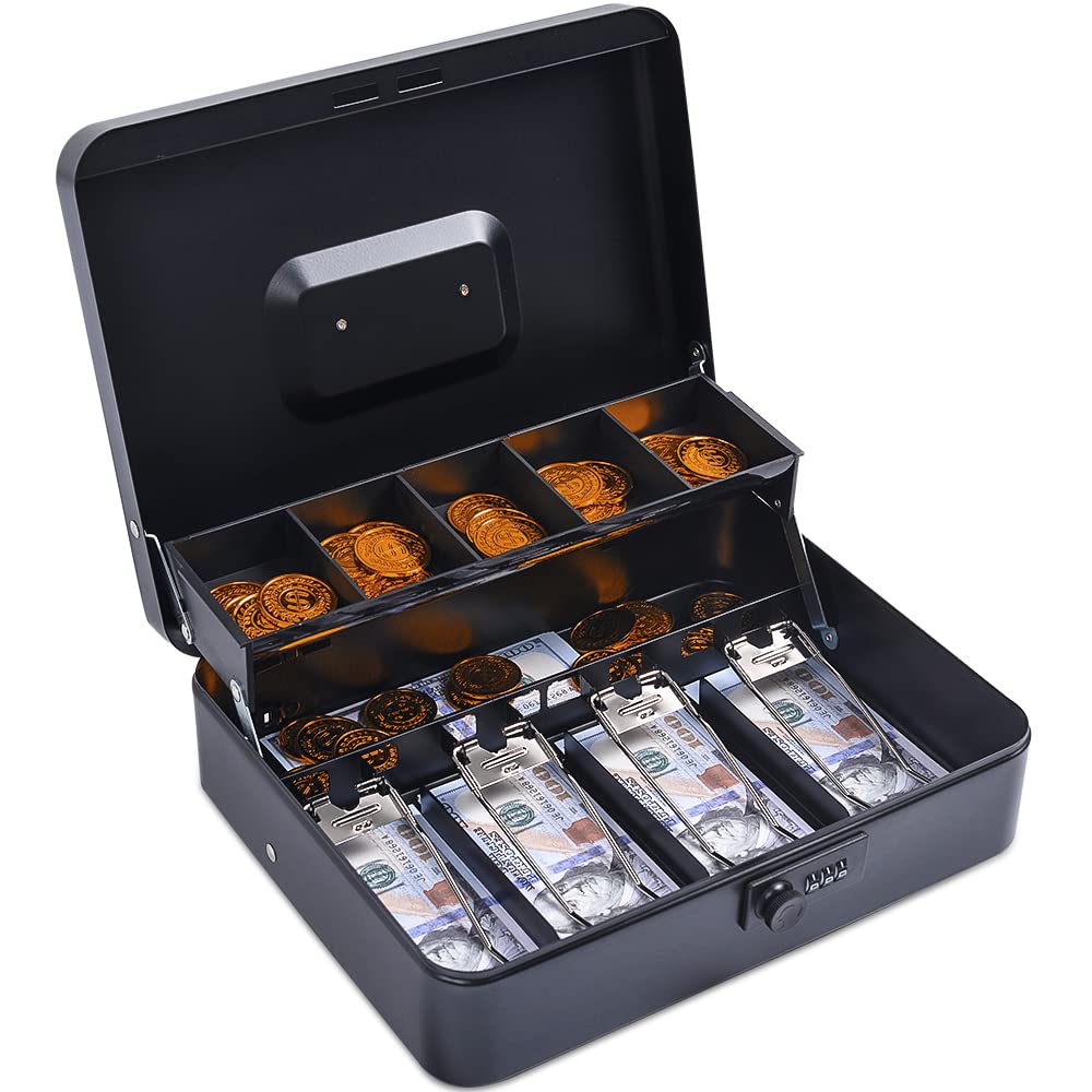 INFUN Large Cash Box with Money Tray and Combination Lock,11.8"L x 9.5 ...