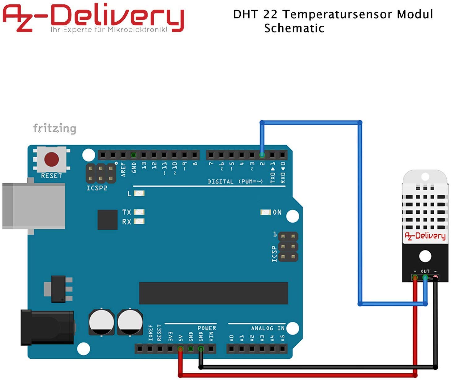 AZDelivery DHT22 AM2302 Temperature and Humidity Sensor Module with Cable for Arduino and ...