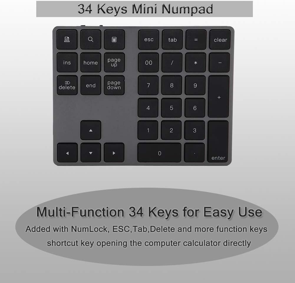 Wireless Numeric Keypad,Black 34 Keys Mini Numpad Wireless Bluetooth ...