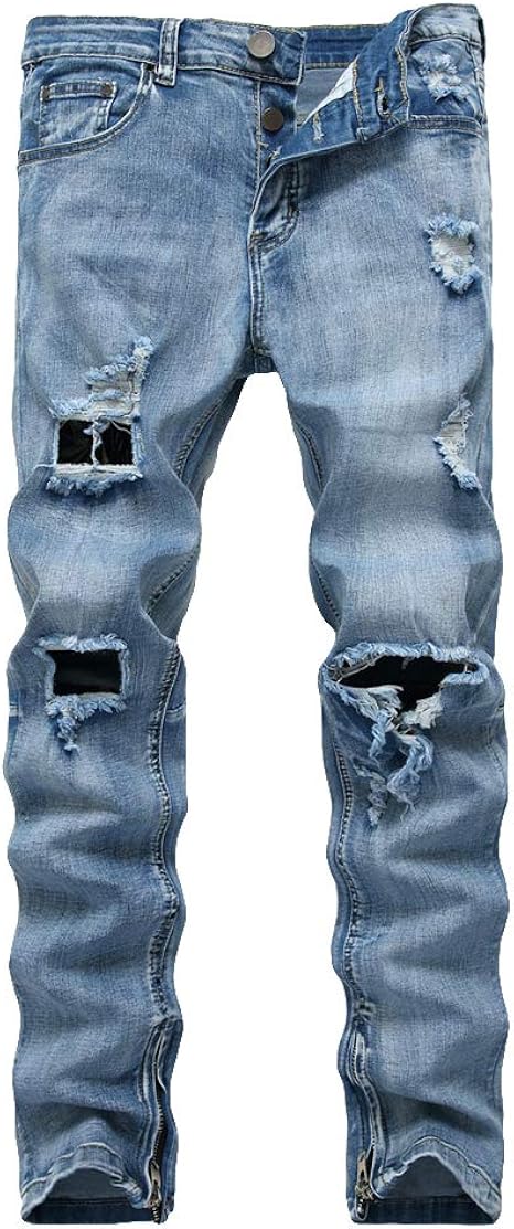DaiHan Hommes Jeans Déchiré Effet Usé Troué Occasionnels Jeans en Denim ...