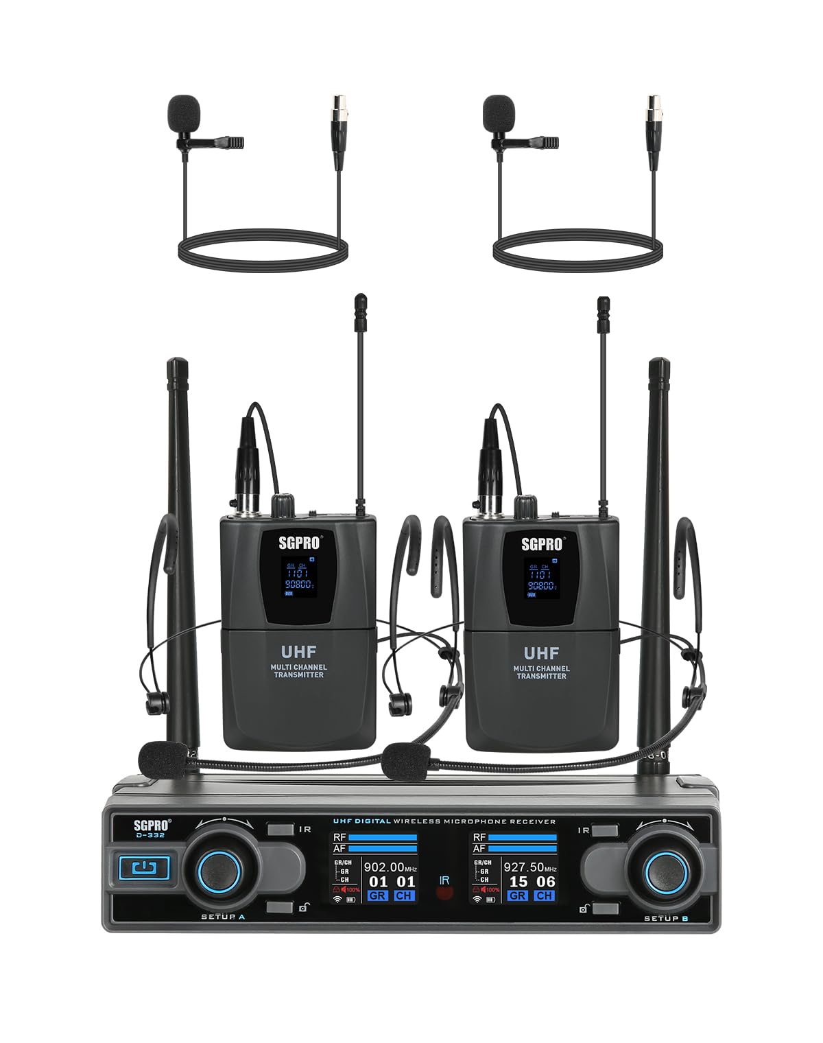 SGPRO Dual Channel Wireless Microphone System with Two Bodypack Transmitters, Two Headset ...