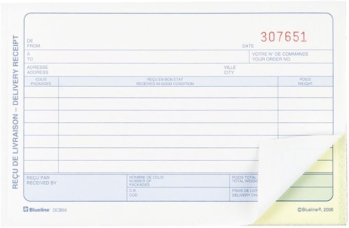 Blueline Delivery Receipts 50 Numbered Carbonless Duplicates Bilingual ...