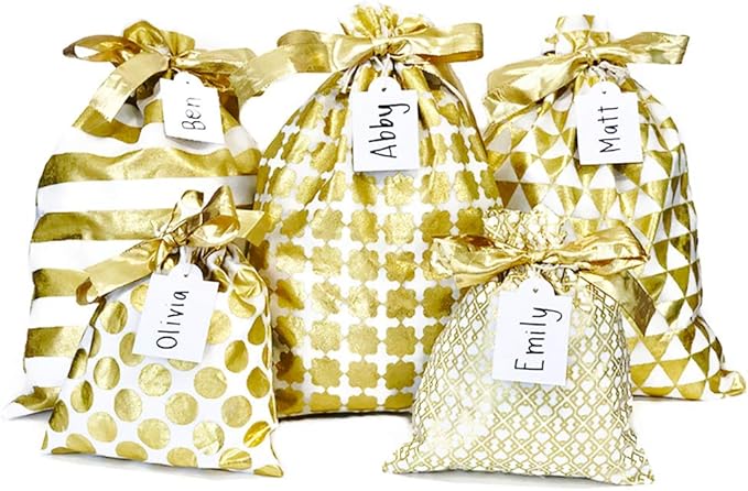 Reusable Fabric Gift Bags Gold, Set of 5: Amazon.co.uk: Kitchen & Home