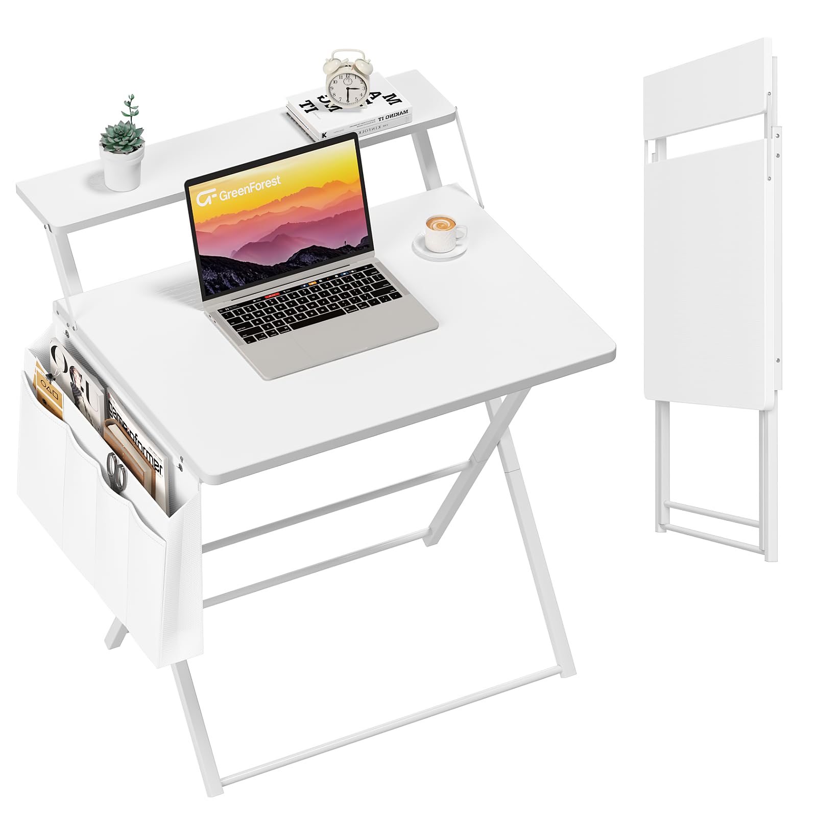 GreenForest Folding Desk for Small Spaces, 31.5 inch Foldable Table with Storage Bag, 2-Tier ...