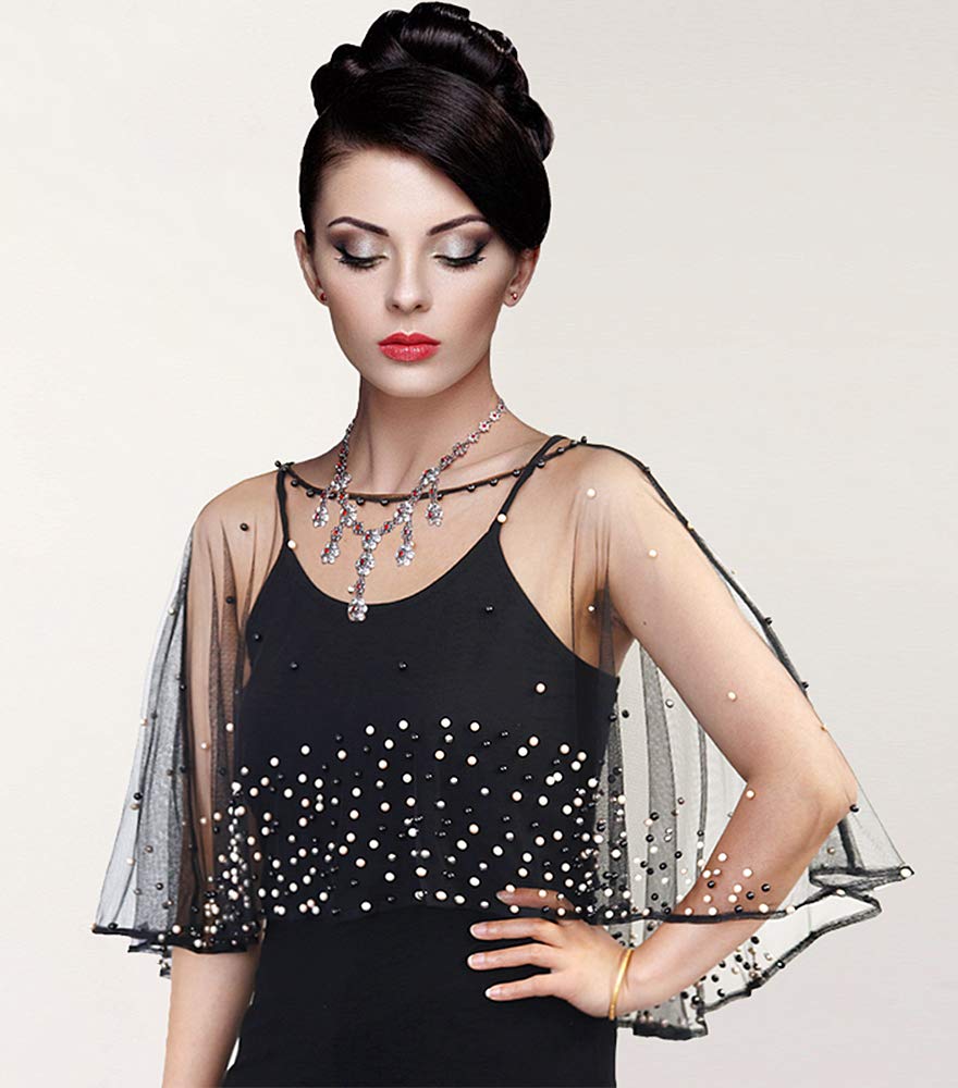L'VOW Womens Pearl Beaded 1920s Flapper Shawl Wrap Mesh Gatsby Evening ...