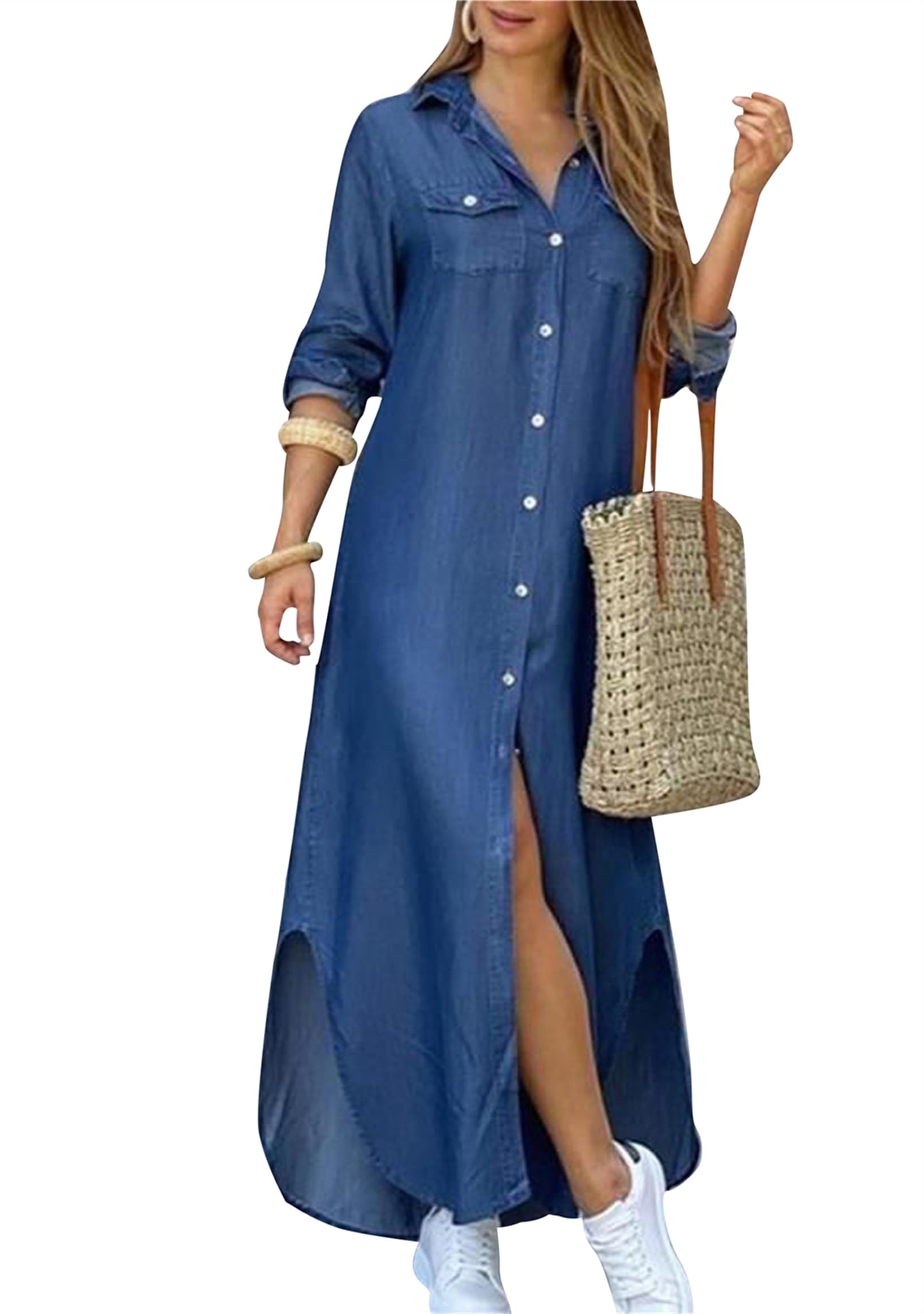 GORIFE Women's Rolled-up Sleeve Side Slit Dresses Button Down Long ...