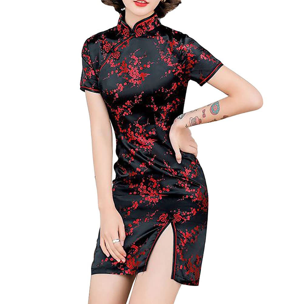 Women's Cheongsam Costume Short Sleeve Side Slit Floral Print Mandarin ...