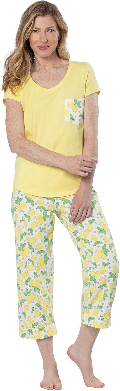PajamaGram Cute Pajamas for Women - Capri PJs, Short Sleeve, Yellow, 1X ...