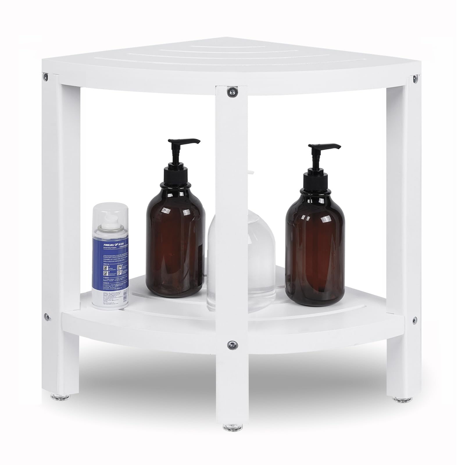 Corner Shower Bench with Storage Shelf,Waterproof Bamboo Corner Shower ...