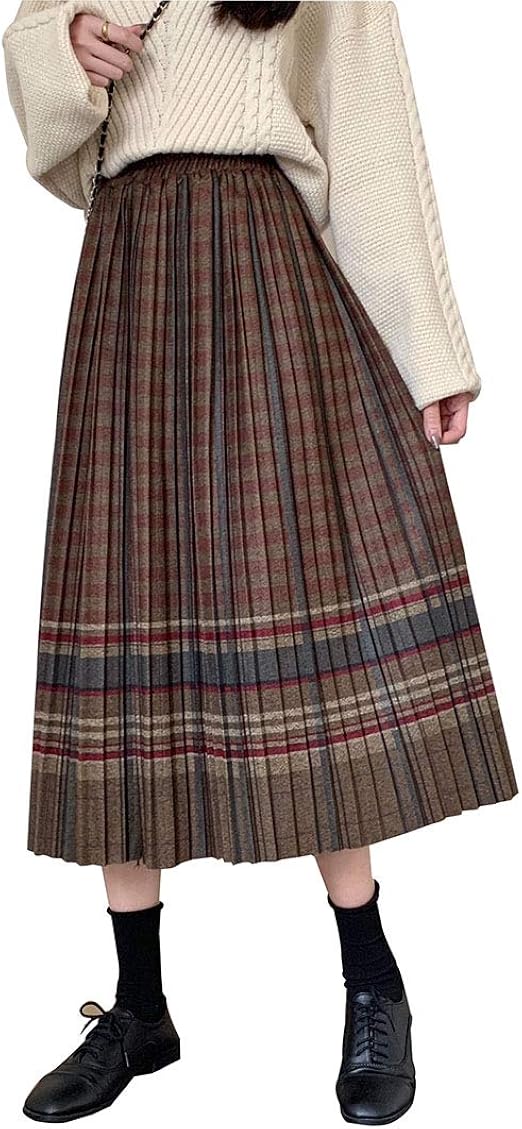Damen Rock Lange Faltenrock Elegant Plaid Wollrock Winterrock Warm Hohe ...
