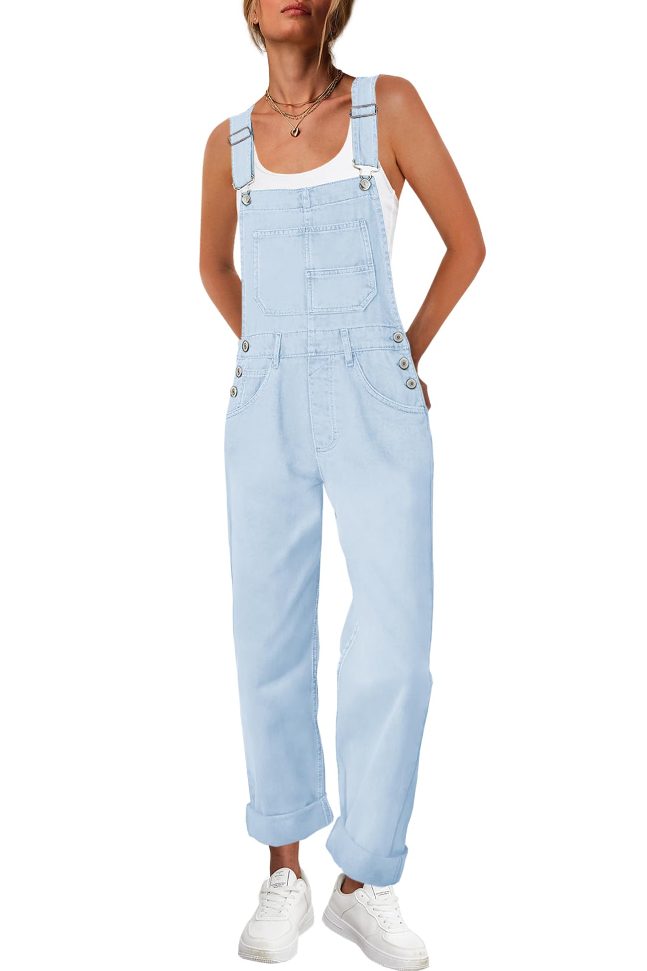 ReachMe Womens Casual Adjustable Bib Overalls Classic Cuffed Hem ...