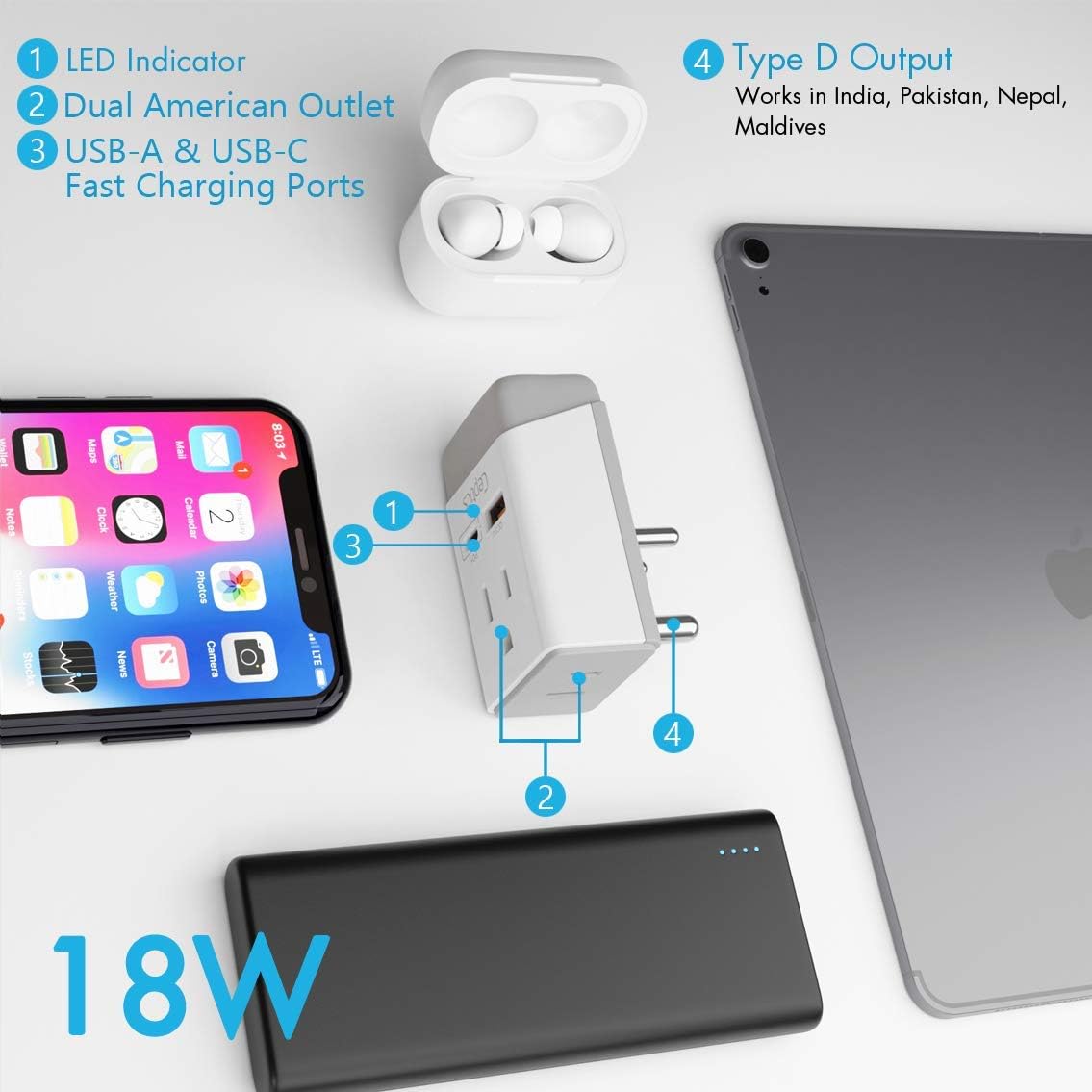 Safe Dual USB & USB-C India Maldives Power Plug Adapter Travel QC 3.0 ...