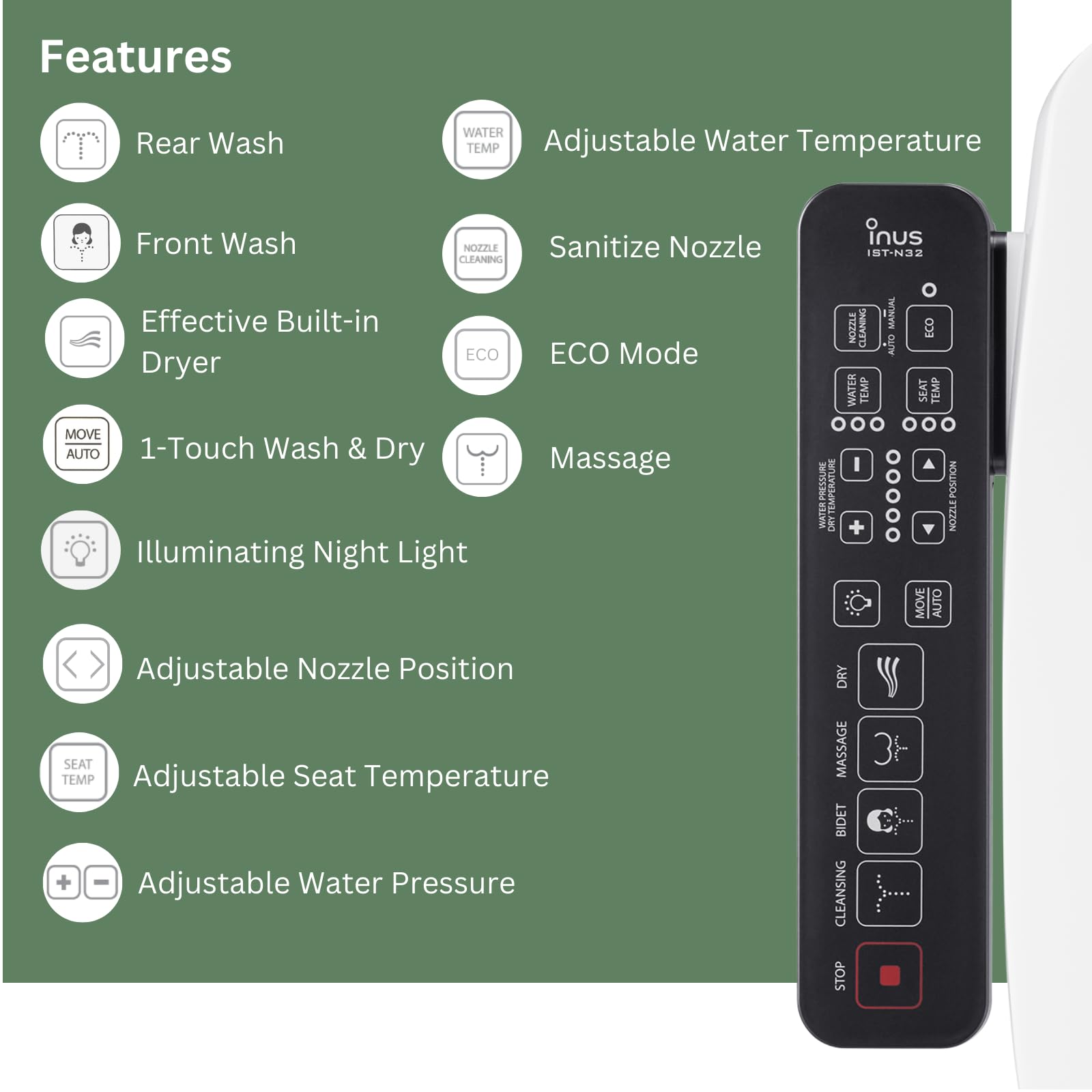 Inus N32 Electric Heated Bidet Toilet Seat Elongated, Warm Water, Smart ...