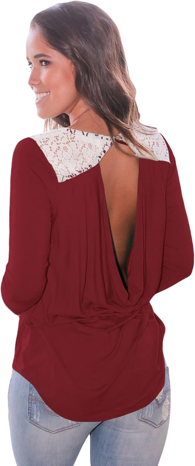 Womens Lace Shoulder Low Cut Back Top 3 4 Sleeve Loose Blouses at ...