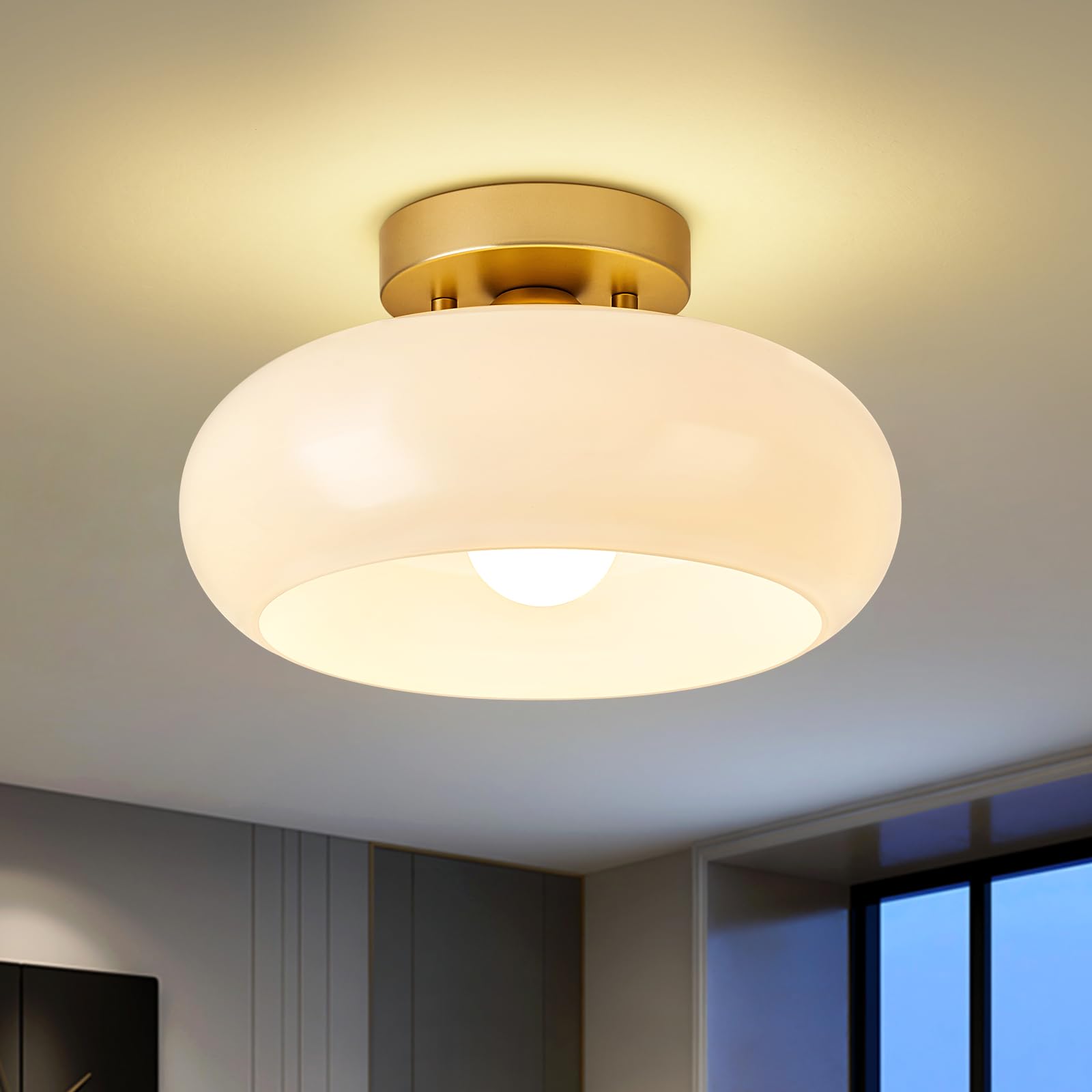 Mid-Century Modern Gold Semi Flush Mount Ceiling Light,White Glass Dome ...