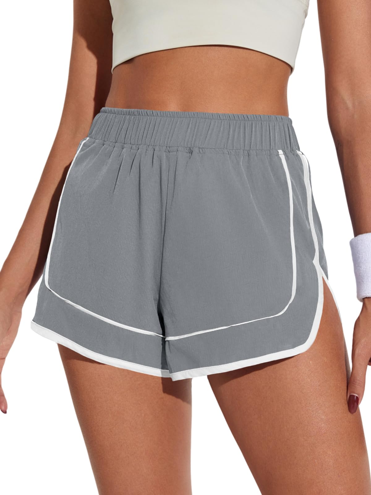 Fisoew Womens Workout Running Shorts Athletic Contrast Elastic Waist ...