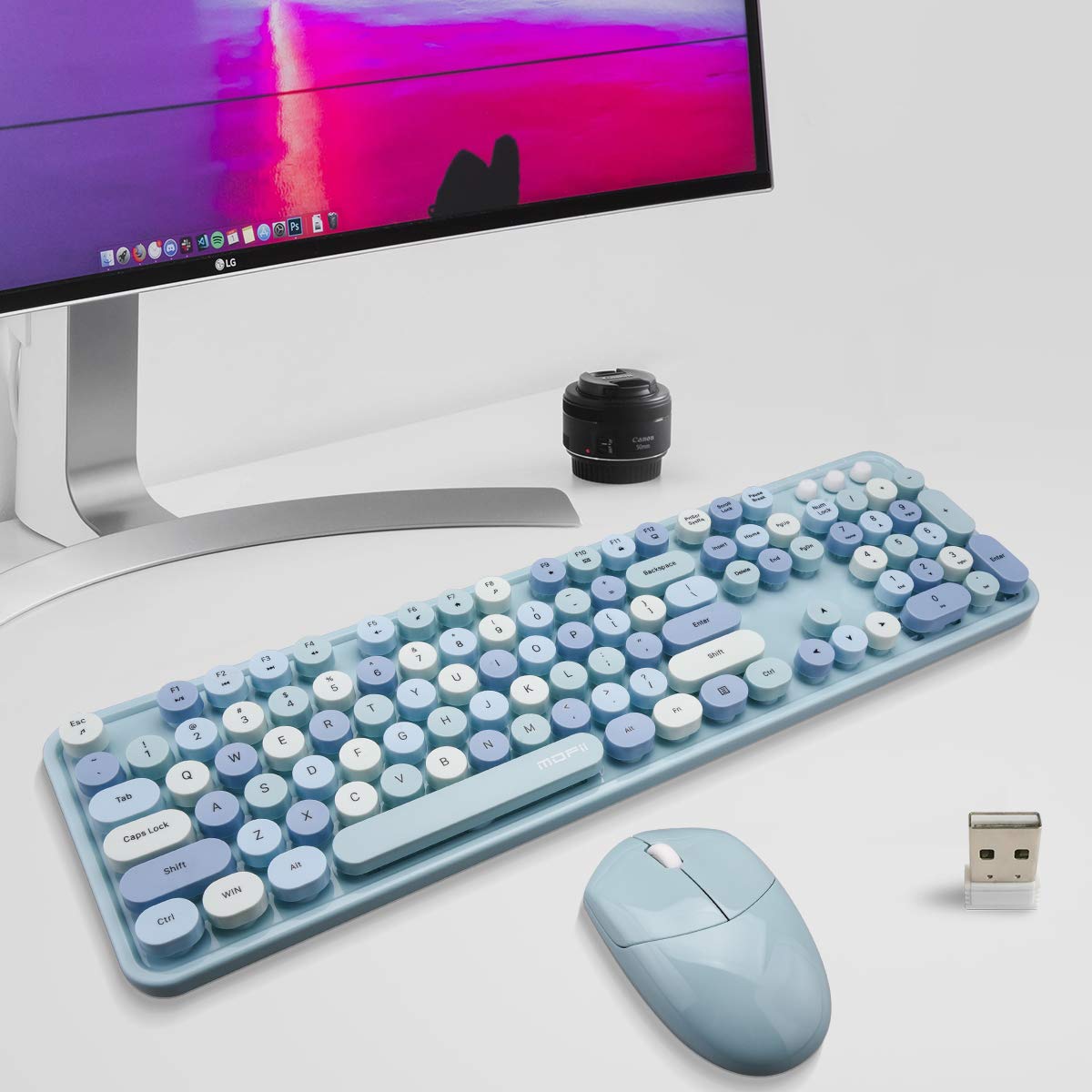 Wireless Keyboard and Mouse Combo, Blue Retro Wireless Keyboard with ...