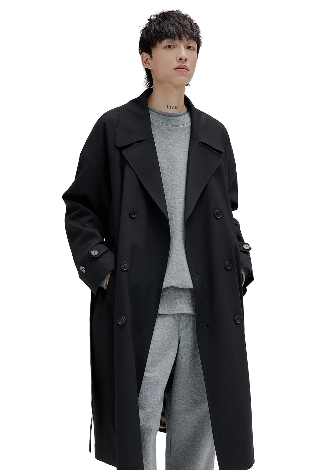 STUDIO NANS Mens Oversized Long Trench Coat Double Breasted Lapel ...